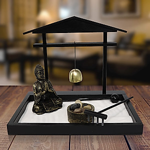 Japanese Zen Garden Kit Home Decor - Mini Zen Garden Buddha with Bell Hanging Archway Office Desk Accessories - Zen Sand Garden Desk Office Decor - 8.5" x 6.5" x 7"