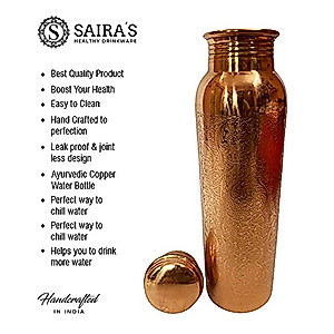 SAIRA’S 100% PURE COPPER WATER BOTTLE - LARGE 32 OZ - Boost Your Health - Huge Benefits - Handcrafted To Perfection - Keep Hydrated - Ayurvedic Water Bottle – Drink More Water - The Perfect way To Chill Water - Leak Proof Design - Perfect For Gift-Carved