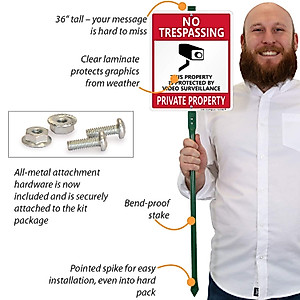 SmartSign "No Trespassing - This Property Is Protected By Video Surveillance, Private Property" LawnBoss® Sign | 10" x 12" Aluminum Sign With 3' Stake