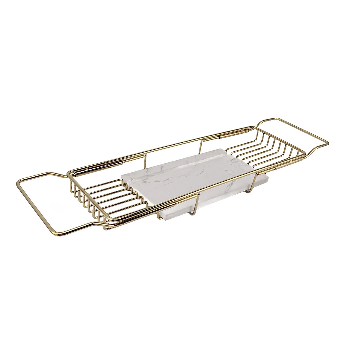 Metal Marble Bathtub Rack, Bathtub Caddy Tray Stainless Steel Shower Caddy Tray with Extending Sides, Bathroom Trays (Gold White)