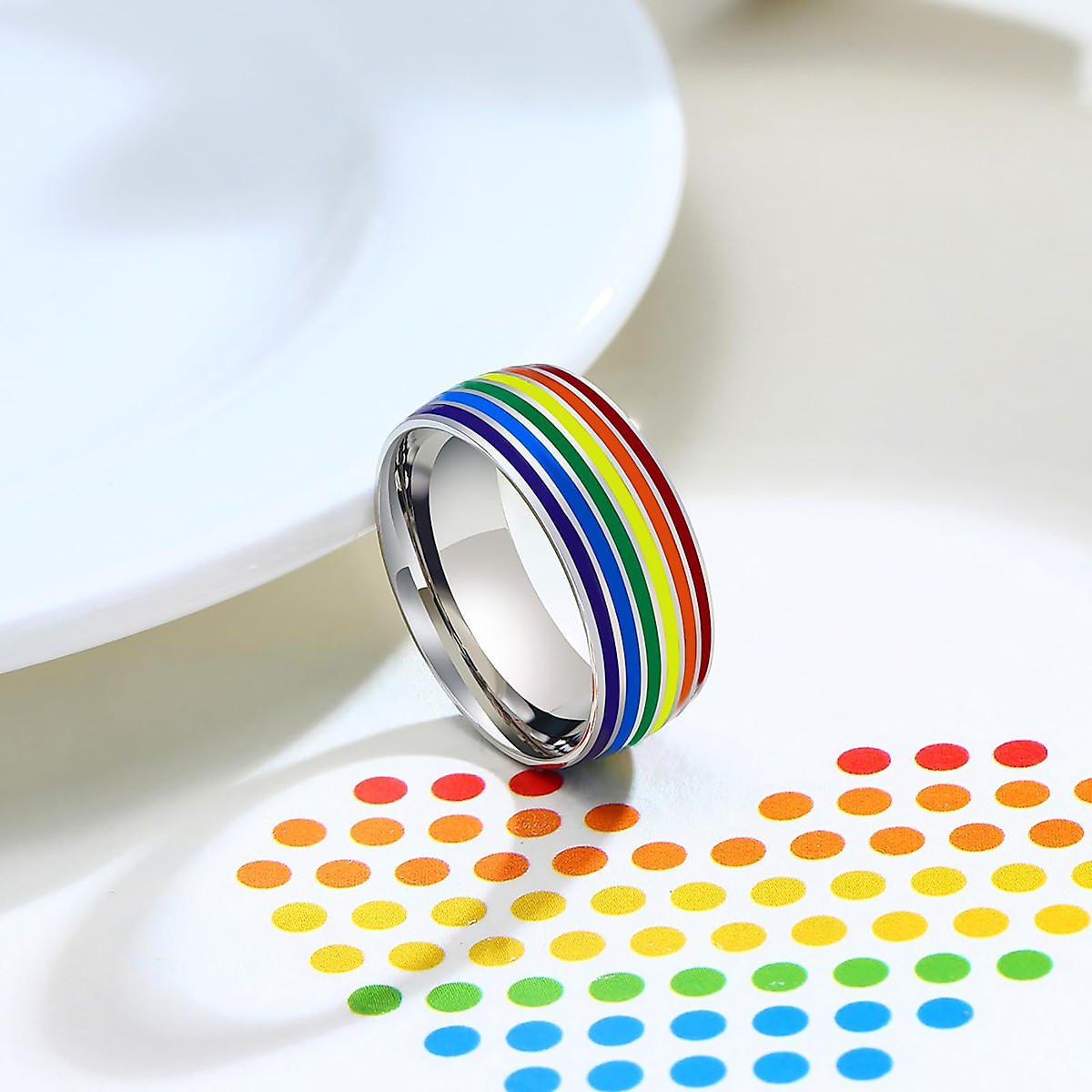 Mintolex Pride Ring Titanium Steel LGBT Rainbow Rings for Gay Lesbian Asexual Bisexual Trans Nonbinary LGBTQ Pride Month Friendship Wedding Promise Band Rings Pride Jewelry Gift for Couples Men Women Size 12, Silver