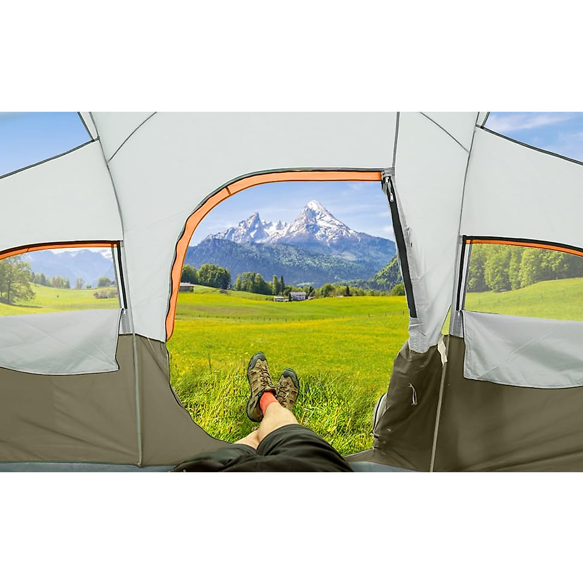 CAMPROS CP Tent 8 Person Camping Tents, Weather Resistant Family Tent, 5 Large Mesh Windows, Double Layer, Divided Curtain for Separated Room, Portable with Carry Bag - Olive
