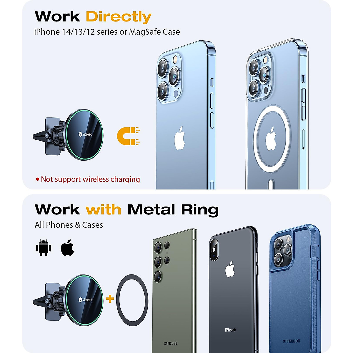 VICSEED for MagSafe Car Mount Dash - [8lbs Powerful Magnets][Long Arm Adjustable] Magnetic Phone Holder for Car Phone Mount for Car 3 in 1 Car Phone Holders for iPhone 15/14/13/12 All Phones