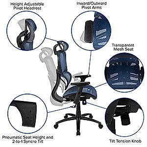 Flash Furniture LO Ergonomic Mesh Office Chair with 2-to-1 Synchro-Tilt, Adjustable Headrest, Lumbar Support, and Adjustable Pivot Arms in Blue