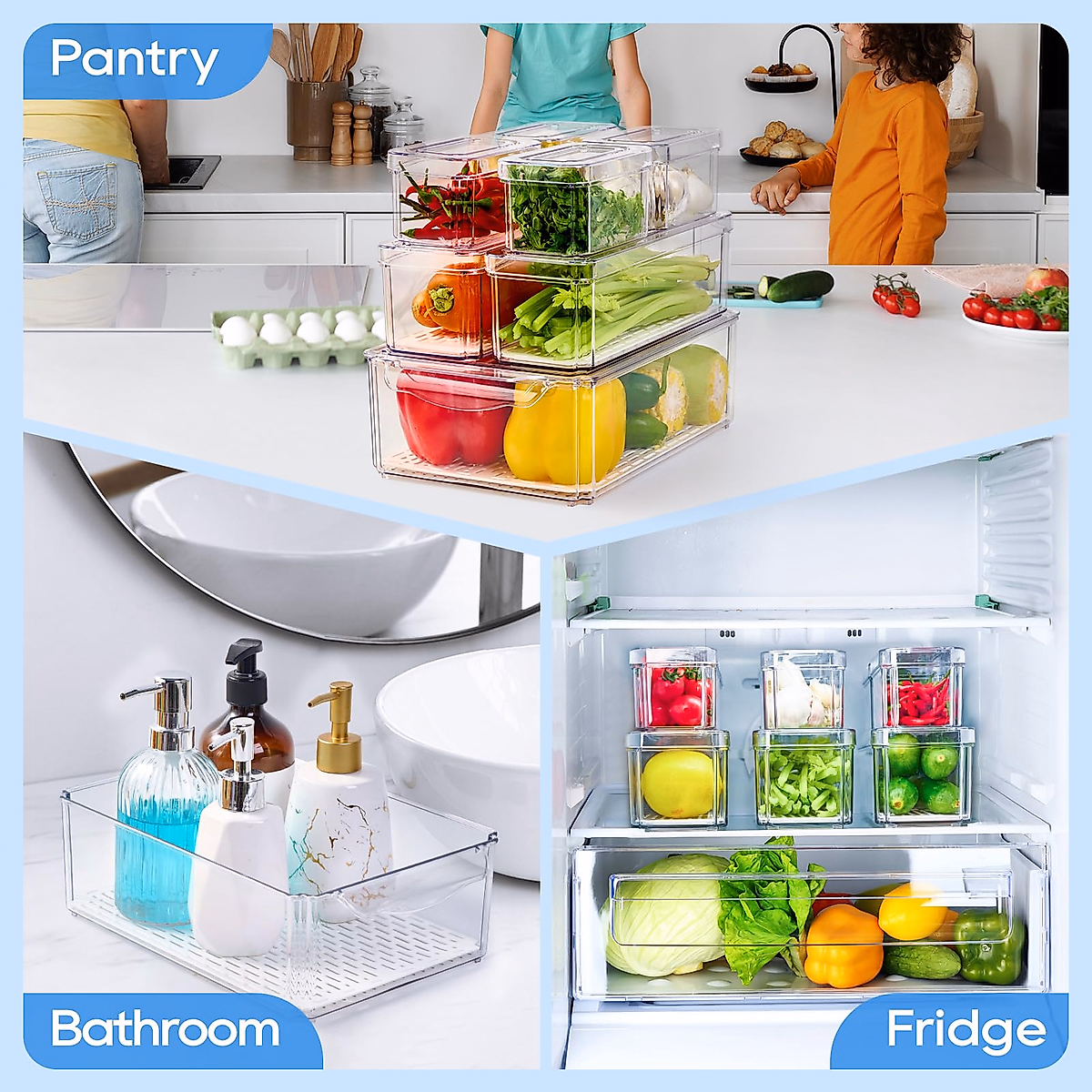 JollyPack 14 Pack Fridge Organizers, Refrigerator Organizer Bins with Lids, BPA Free Stackable Fruit Storage Containers for Fridge, Vegetables, Food and Drinks