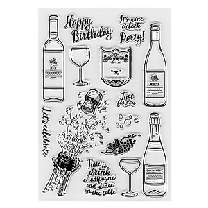 Happy Birthday Party Wine Champagne Bottle Clear Stamps for Card Making Decoration DIY Scrapbooking, Cheer Words Silicone Transparent Seal Stamps for Embossing Album Decor Craft.