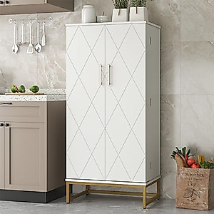 kepptory 51” Pantry Cabinets, White Freestanding Kitchen Pantry Storage Cabinet with Adjustable Shelves, Buffet Cupboards Storage Cabinet for Home Office Use, White + Gold