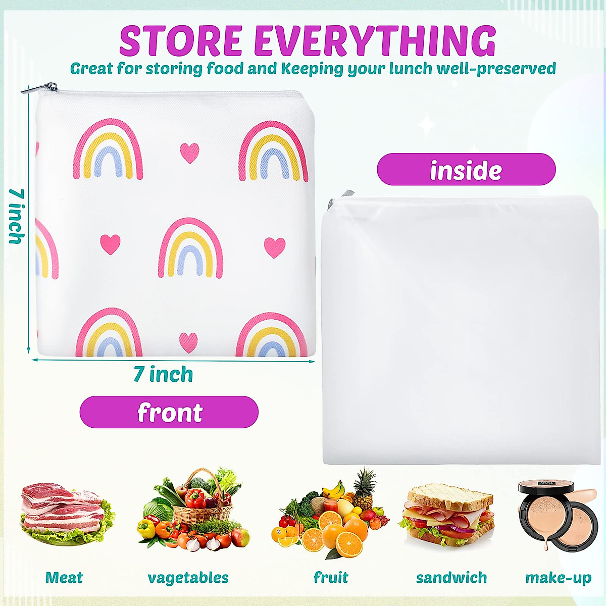 Chumia 6 Pieces Reusable Snack Sandwich Bags School Lunch for Kid Students Adults Large Snack Pouch Zipper Cartoon Washable Bags for Food 7 x 7 Inch