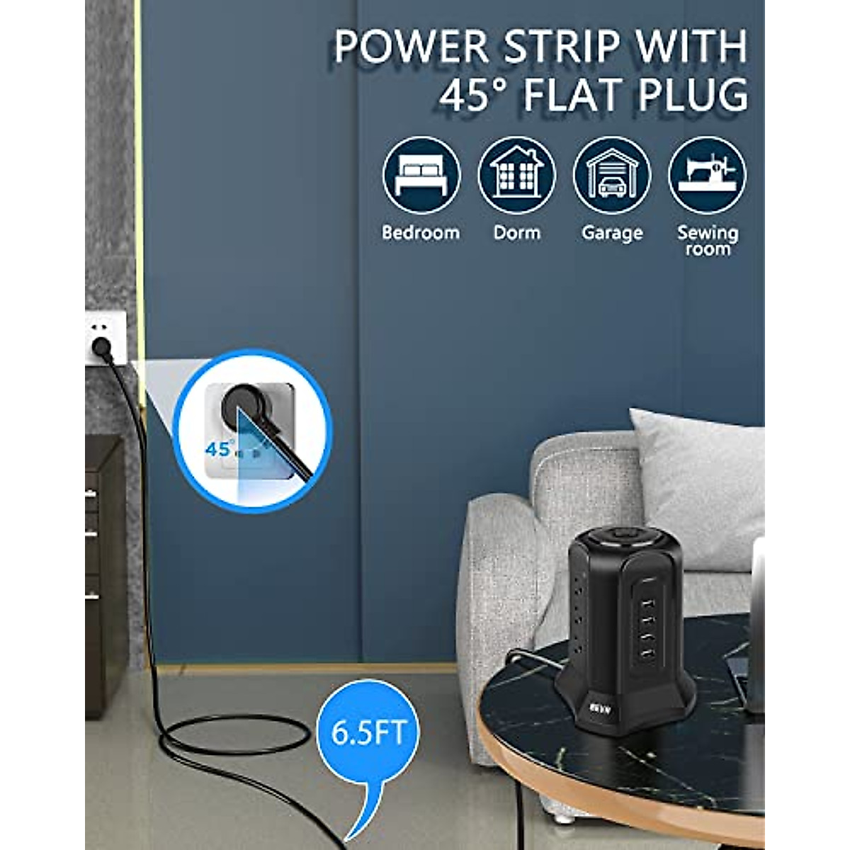 Power Strip Tower Surge Protector, BEVA Surge Protector Tower with 9 AC Outlet and 4 USB Ports, 18AWG 6.5 Feet Extension Cord, 3-Prong Flat Plug, Multiple Outlets for Office Apartment Dorm Essentials