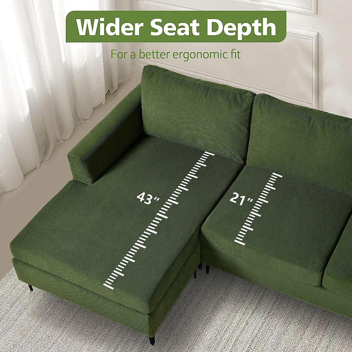 POUUIN 96" Corduroy Sectional Sofa Couch,L Shape Couches for Living Room,3 Seat Reversible Chaise Sofa Convertible Lounge Corner Sofa Living Room Furniture Set (Green)