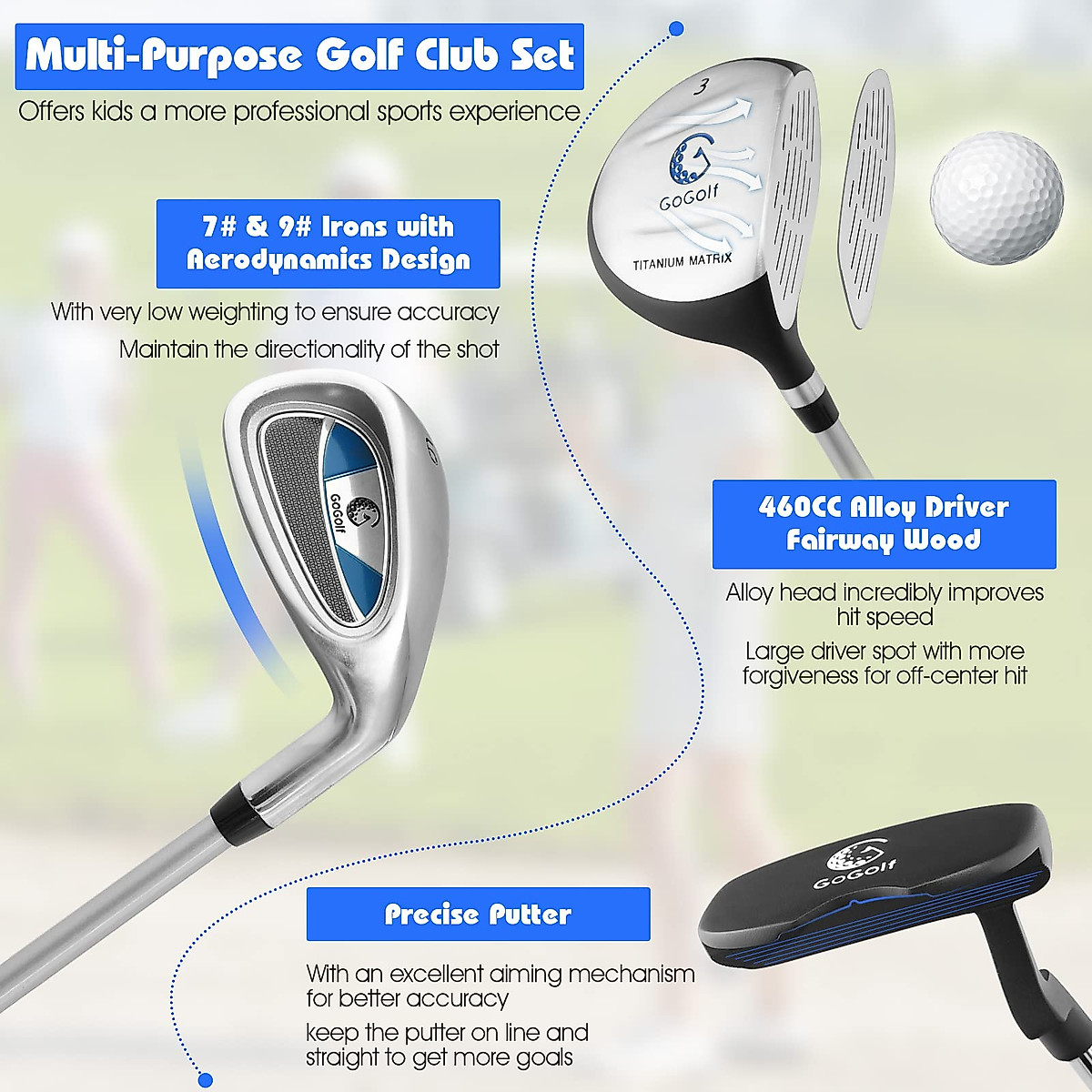 GYMAX Complete Golf Club Set for Kids/Children Right Hand, Includes #3 Fairway Wood &amp; #7 &amp; #9 Irons, Putter, Foamed Head Cover, Portable Youth Golf Club Set (for Age 11-13, Blue)