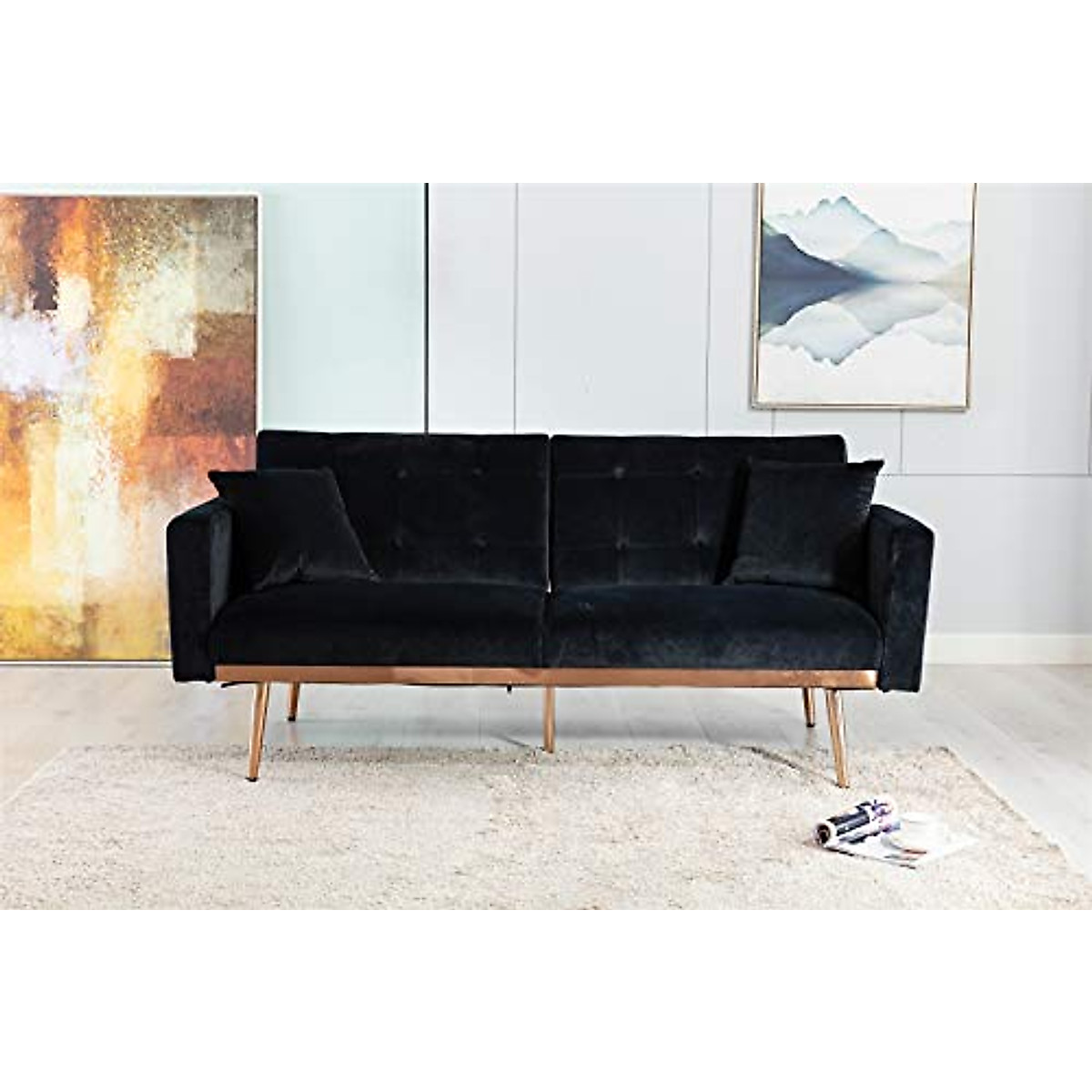 GoTen Convertible Futon Sofa Bed GSB01 (2020) Modern Velvet Sectional Sleeper Sofa Bed Loveseat Couch with 2 Pillows Rose Gold Metal feet Detachable Armrests for Small Spaces Living Room (Black)