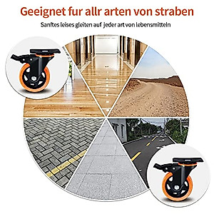 SOCHER 4 Inch Plate Caster Wheels, Heavy Duty 4” Casters Set of 4 with Brake,No Noise Polyurethane Wheels and Safety Dual Locking casters, Swivel Plate Castors (Two Hardware Kits) (4 inch)