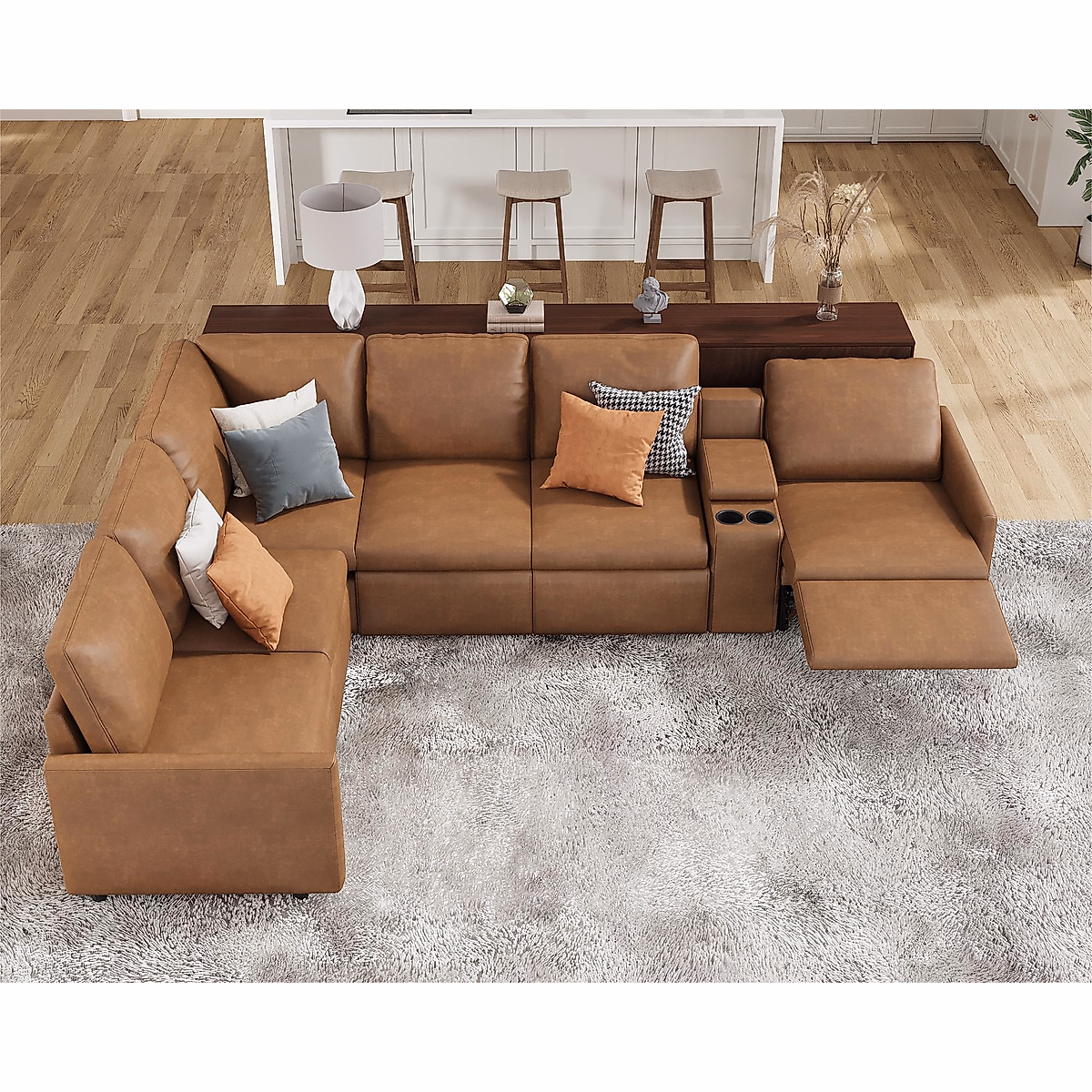 AMERLIFE Reclining Sectional Sofa, Power Recliner with Console& Single Right Recliner, 6 Seats L Shaped Couch with Cup Holder& Charging Port, Leather Modular Couch for Living Room