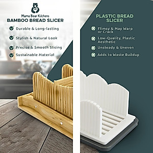 Mama Bear Kitchens Bamboo Bread Slicer with Knife - Adjustable & Durable Bread Loaf Slicer with Crumb Tray & Foldable Bread Cutter Guide - Easy to Clean & Store Bread Slicer for Homemade Bread