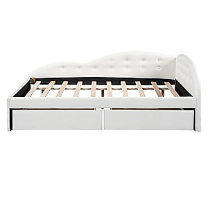 Full Size Upholstered Daybed with 2 Drawers and Cloud Shaped Guardrail, PU Upholstered Tufted Platform Bed with Wooden Slat Support for Bedroom Living Room, Easy Assembly (White + Upholstered-V23)