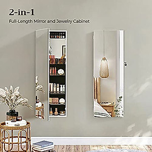 SONGMICS Jewelry Cabinet Armoire, Wall/Door Mount Storage Organizer with Full-Length Frameless Mirror, Lockable Cabinet with Built-in Small Mirror, Shelves, Gift Idea, White UJJC003W01