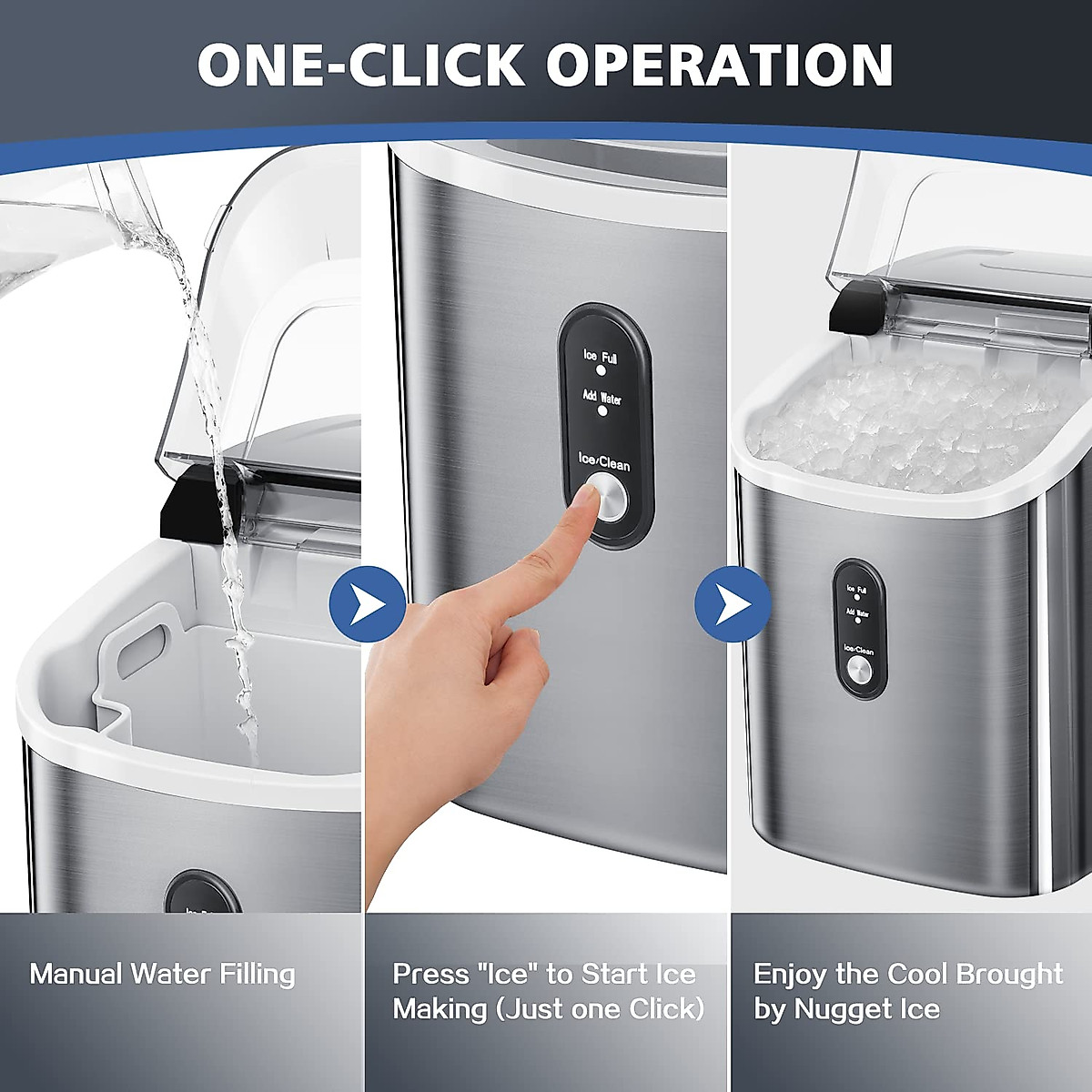 Nugget Ice Makers Countertop, Crushed Ice Maker with Handle,35Lbs/24H,Soft Chewable Ice, Pebble Ice Maker with Self-Cleaning, Ice Scoop and Ice Basket,for Home,Office,Kitchen,Stainless Steel (Silver)