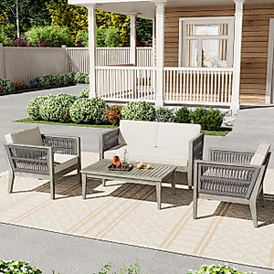 Christopher Knight Home Outdoor Acacia Wood Patio Set, 4-Pieces Patio Conversation Set, Outdoor Furniture with Coffee Table, Patio Deep Seating with Cushion, Porch Chairs for Garden, Grey+Beige