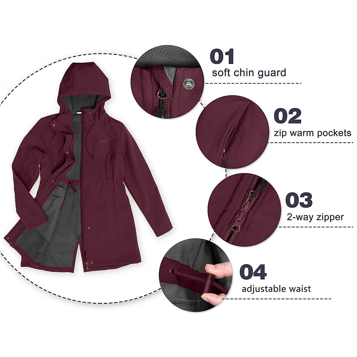 33,000ft Women's Softshell Long Jacket with Hood Fleece Lined Windproof Warm up Waterproof Windbreaker