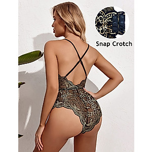 Avidlove Womens Snap Crotch Bodysuit Lingerie Lace Teddy One Piece Sleepwear (Black & Skin M)