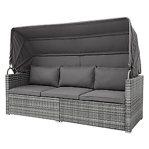BIADNBZ 5 Pieces Wicker Patio Furniture Set, Outdoor Sectional Sofa PE Rattan Daybed with Retractable Canopy and Tempered Glass Side Table for Garden Poolside Backyard, Gray