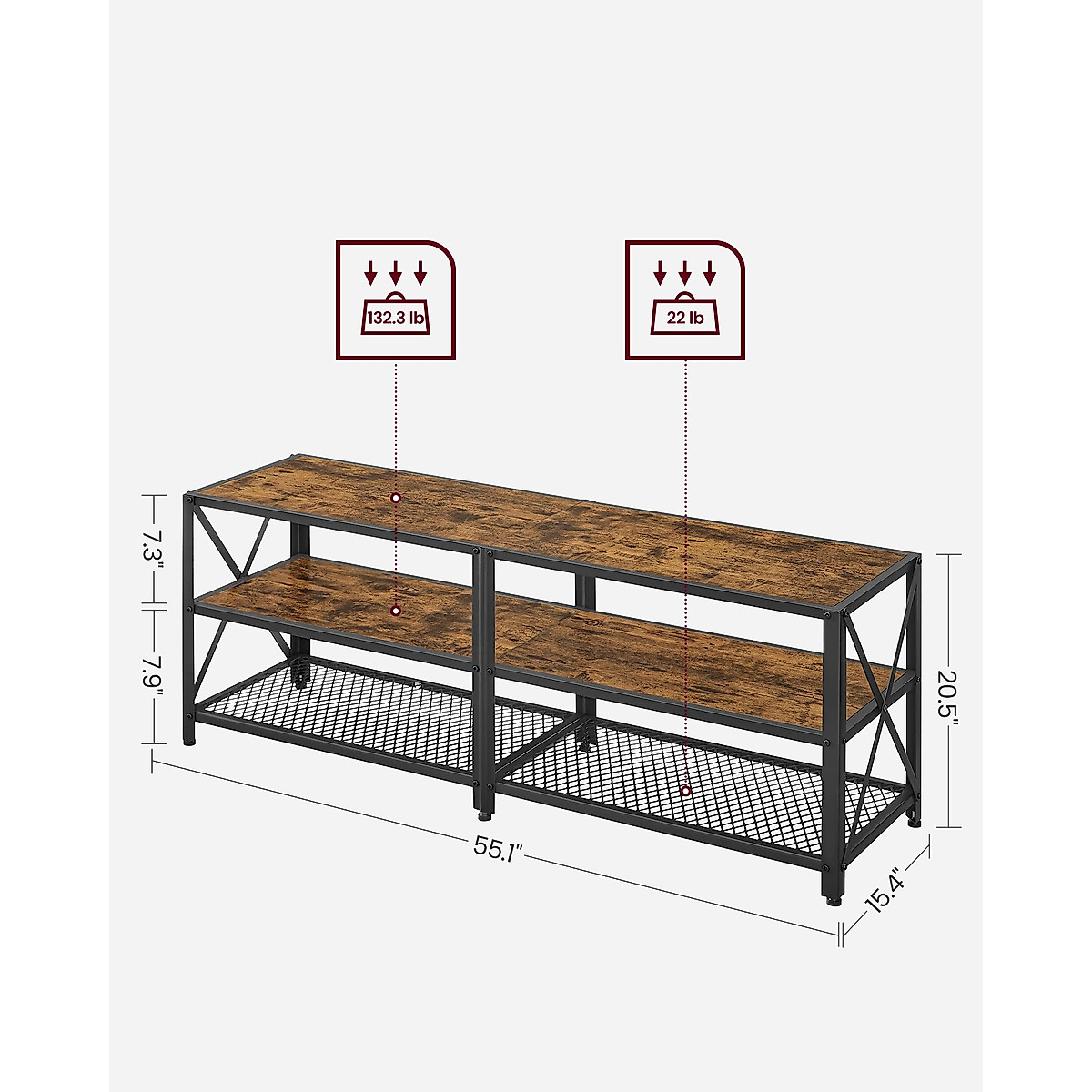 VASAGLE TV Stand, TV Console for TVs Up to 65 Inches, TV Table, 55.1 Inches Width, TV Cabinet with Storage Shelves, Steel Frame, for Living Room, Bedroom, Rustic Brown and Black ULTV094B01
