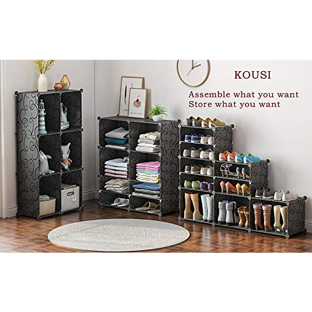 KOUSI Portable Shoe Rack Organizer 12 Grids Tower Shelf Storage Cabinet Stand Expandable for Heels, Boots, Slippers, Black