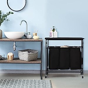 HollyHOME 3 Section Rolling Laundry Sorter Cart with Fixed Ironing Board Laundry Hamper Room Organization with 4 Wheels and Table Top Lid Removable Bags Black