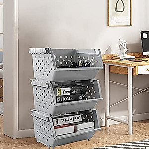 Easymanie 3 Pack Plastic Stackable Baskets, Open Front Stacking Storage Bins
