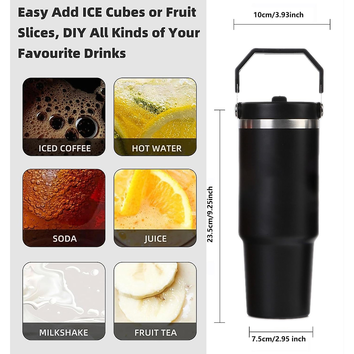 Facdiary 30oz Tumbler With Straw Lid Vacuum Sealed Insulated Cup Reusable Stainless Steel Water Bottle Trave for Water, Iced Tea or Coffee (Black)