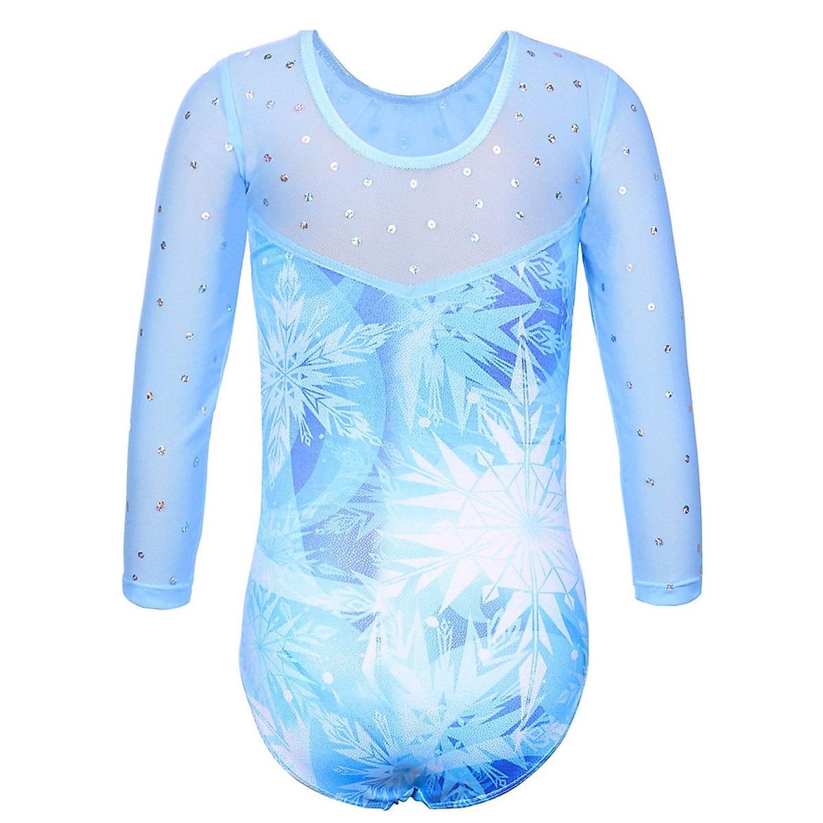 TFJH E Girls Gymnastic Leotards 3/4 Sleeve Mesh Practice Outfits size 5-6, SnowflakeBlue 6A