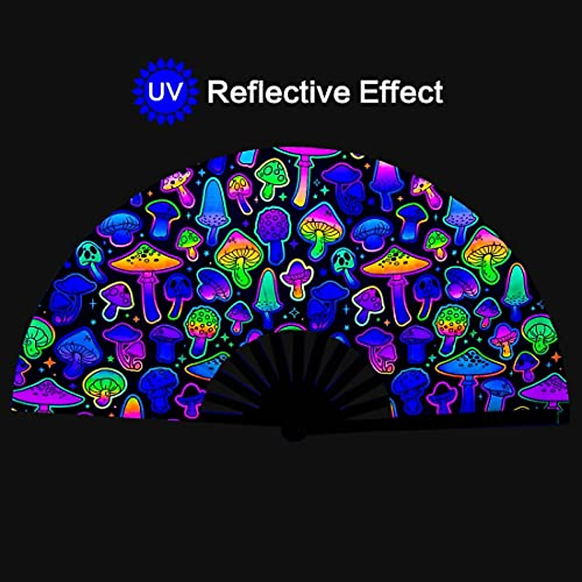 Raveahem UV Glow Large Rave Bamboo Folding Clack Hand Fan for Men/Women Handheld Fan for EDM, Music Festival,Club,Freaky,Event,Party,Dance,Performance,Decoration, Gift (Magic Mushrooms)