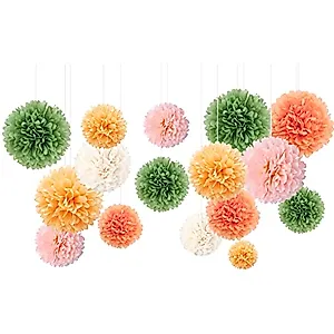 NICROHOME Baby Shower Decorations, 16PCS Sage Green, Bright Orange Tissue Paper Pom Poms for Birthday, Wedding, Spring Summer Party