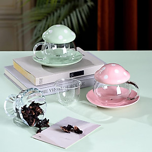 Hyltd Mushroom Tea Cup Mushroom Mug Cute Glass Tea Cups Mushroom Cup Mushroom Tea Mug with Filter Lid Coaster 9.6 Ounces (Green)