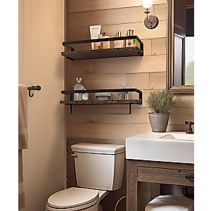 Afuly Bathroom Shelves for Wall, Floating Shelf Bathroom Over Toilet, Wall Mounted Shelves with Towel Bar Rack, Industrial Modern Home Decor Dark Brown