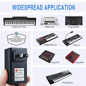 PKPOWER 12V AC Adapter Compatible with Korg PAD KAOSS KP2 KP3 R3 KA203 Dynamic Effects, Power Supply for Digital Piano KORG X50 KA-310 Micro-X 61-Key 88-Key SP170S SP-170S Micro X R3 MR-1000