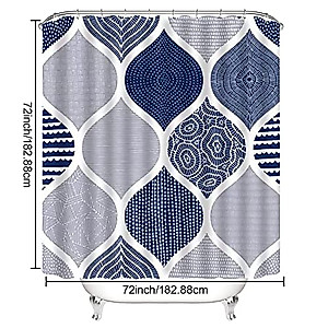 ALEXEX 4Pcs Boho Shower Curtain Sets, Geometric Shower Curtain Sets with Rugs, Bath Mat, U Shape and Toilet Lid Cover Mat, Blue White Shower Curtain with 12 Hooks for Bathroom Set Decor(72 x 72 Inch)