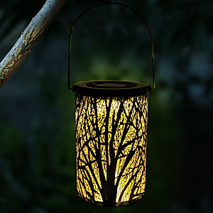 Fovasen Hanging Solar LED Candle Lanterns, Farmhouse Retro Metal Table Lanterns Rounded Decorative Outdoor Lights Waterproof Solar Lamp with Handle for Garden, Patio,Porch,Yard,Fireplace and Tabletop
