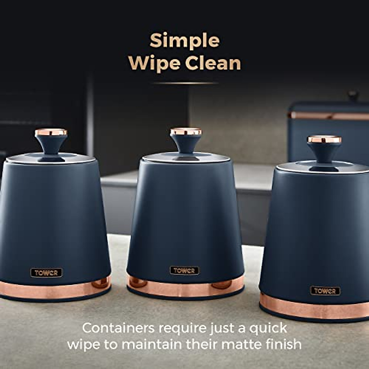 Tower T826131MNB Cavaletto Set of 3 Storage Canisters for Tea/Coffee/Sugar, Steel, Midnight Blue and Rose Gold