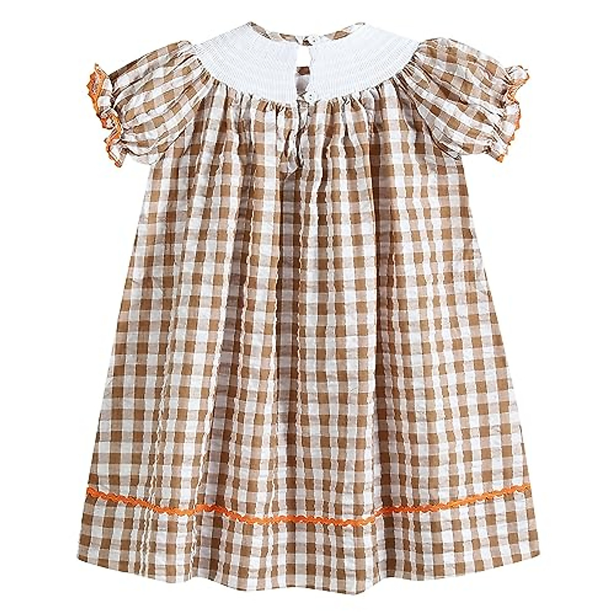 Lil cactus Light Brown Gingham Pumpkin Turkey Smocked Bishop Dress, Brown Turkey, 3-6 Months