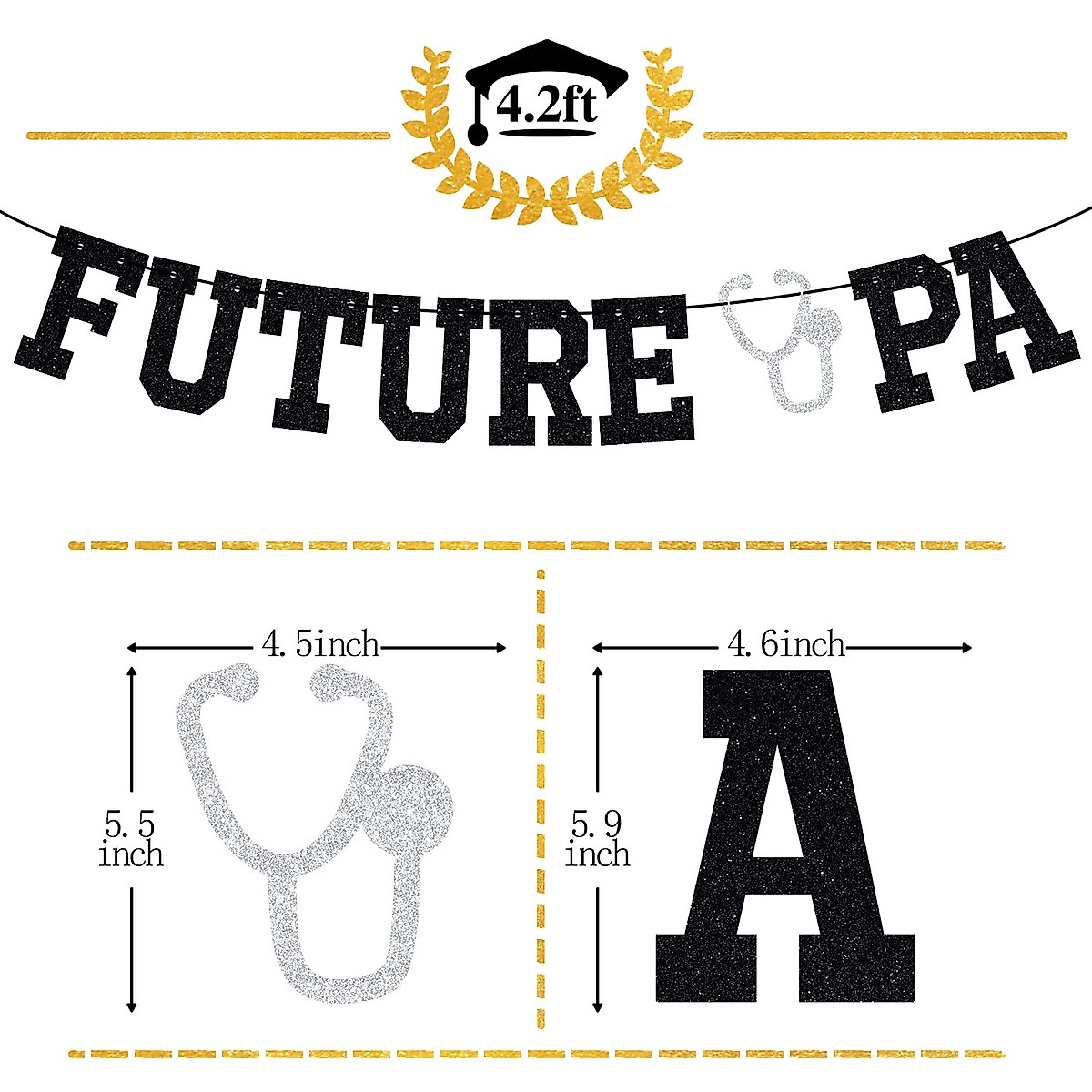Future PA Banner - Congrats Physician Assistant Bunting Sign, Medical School/Nursing School Graduation Party Decorations Supplies, Black Glitter