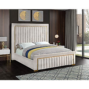 Meridian Furniture Dolce Collection Modern | Contemporary Velvet Upholstered Bed with Luxurious Channel Tufting and Gold Metal Trim/Legs, Queen, Cream