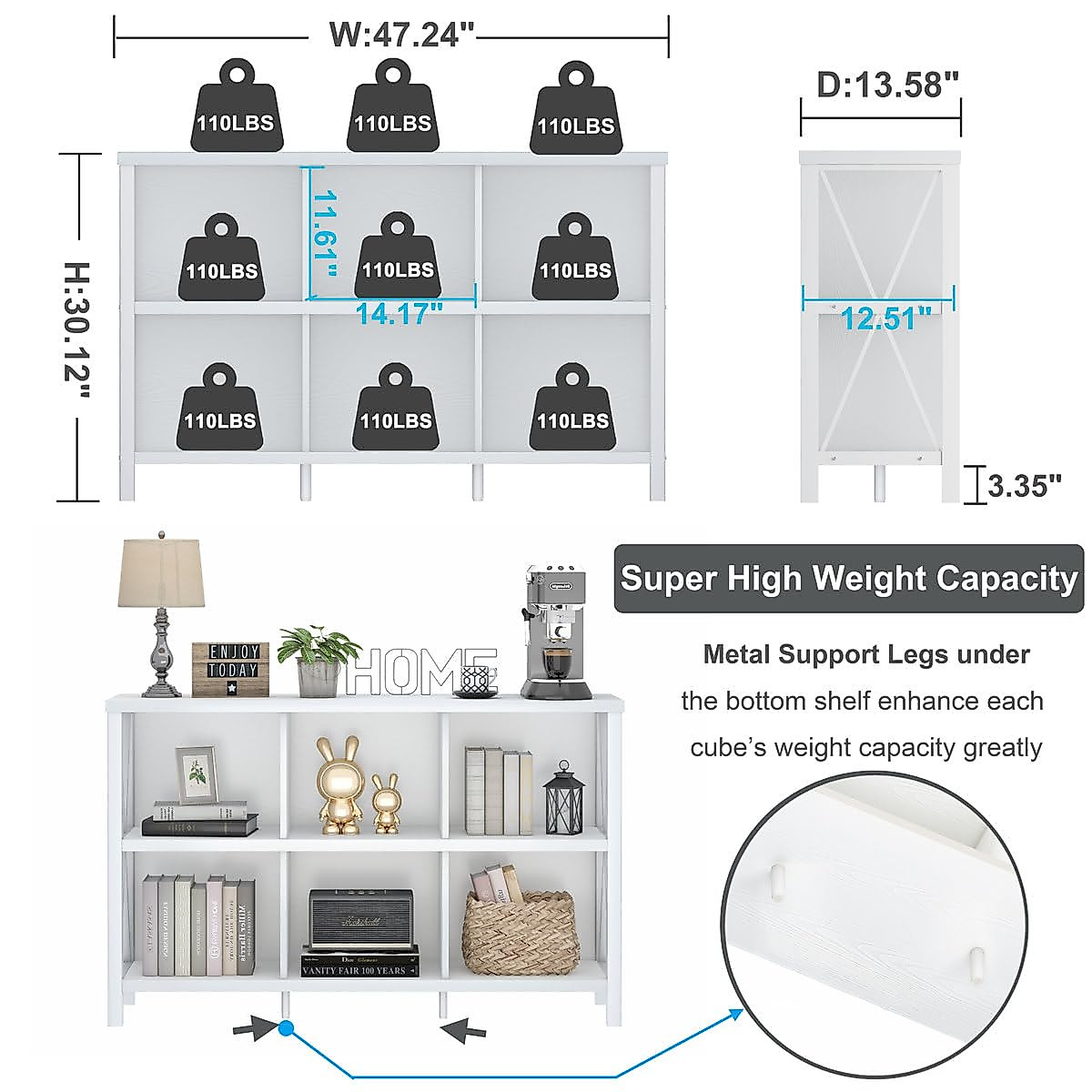 FATORRI 6 Cube Storage Organizer with Shelf, Long Wood and Metal Cubby Bookcase, Industrial Horizontal Bookshelf (White Oak, 47 Inch)