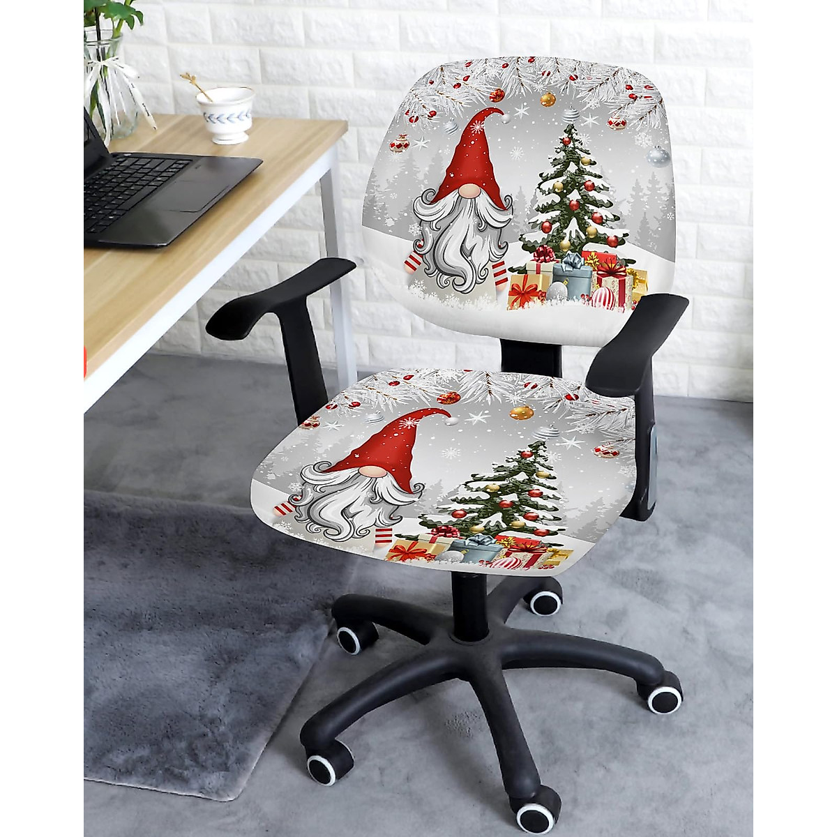 Christmas Pine Office Chair Cover Stretchable Computer Chair Seat Cover Backrest Slipcovers, Stretchable Rotating Desk Chair Seat Cushion Split Protectors Silver Branch Leaves Gnomes Tree Balls