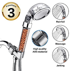 AmasSmile® High Pressure Shower Head with Hose and Bracket, Ionic Filter Filtration Turbo Vortex Water Saving 3 Mode Function Spray Turbocharged Hydro Jet Handheld Showerheads for Dry Skin & Hair（Red）