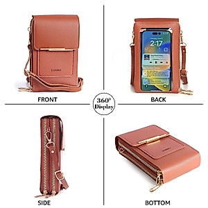 GEARONIC Women's Sling Handbag, Faux Leather, Coffee-Phone Wallet, Crossbody Bag with Transparent Window, 7 x 4.5 x 1.6 in