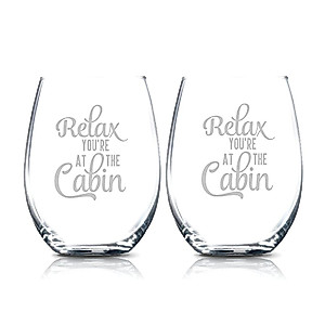 Log Home Decor Stemless Wine glasses Set of Two - Gifts for the Cabin - Retirement Gifts for Men