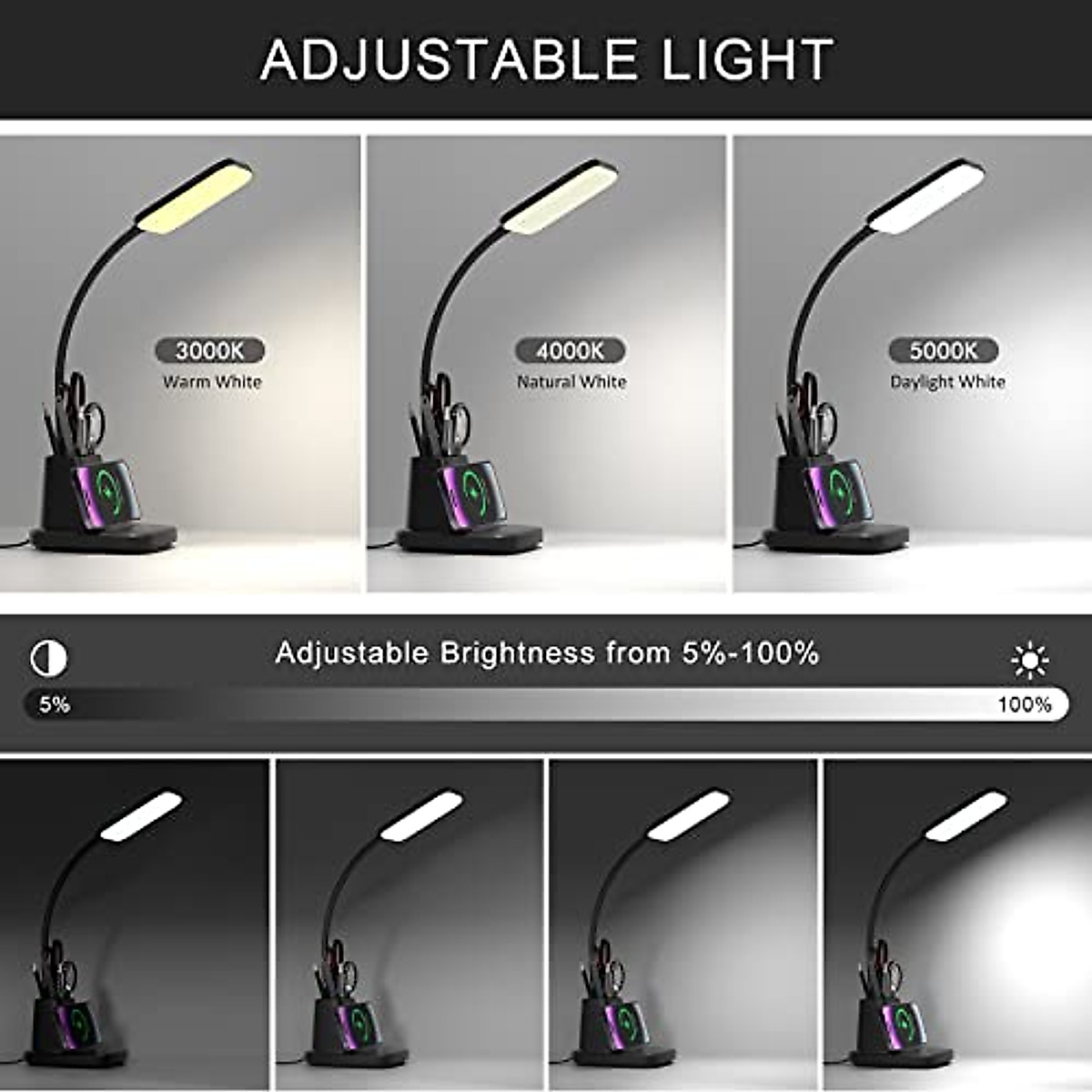 Vicsoon Desk Lamp for Home Office, LED Desk Lamp with Wireless Charger Pen Holder, Dimmable Desk Light with 3 Color Modes, Black Office Lamp for Dorm