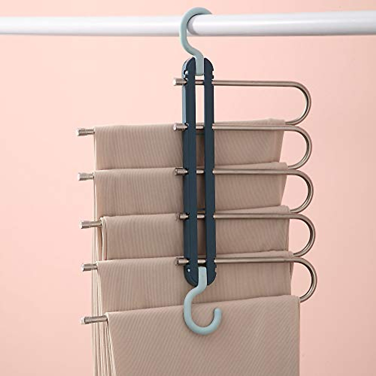 Unioax Pants Hangers Space Saving Pants Rack 5 in 1 Non-Slip Folding Trousers Hanger Multi-Functional Pants Organizer for Closet Wardrobe Scarf Jeans Ties Slacks Storage, Blue